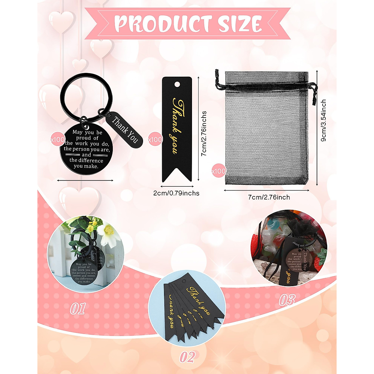 Yinkin 300 Pcs Christmas Employee Thank You Gifts Bulk Gifts for Coworkers Include 100 Inspirational Employee Appreciation Keychain Gifts 100 Organza Bags 100 Cards for Teacher Nurse Team(Black)