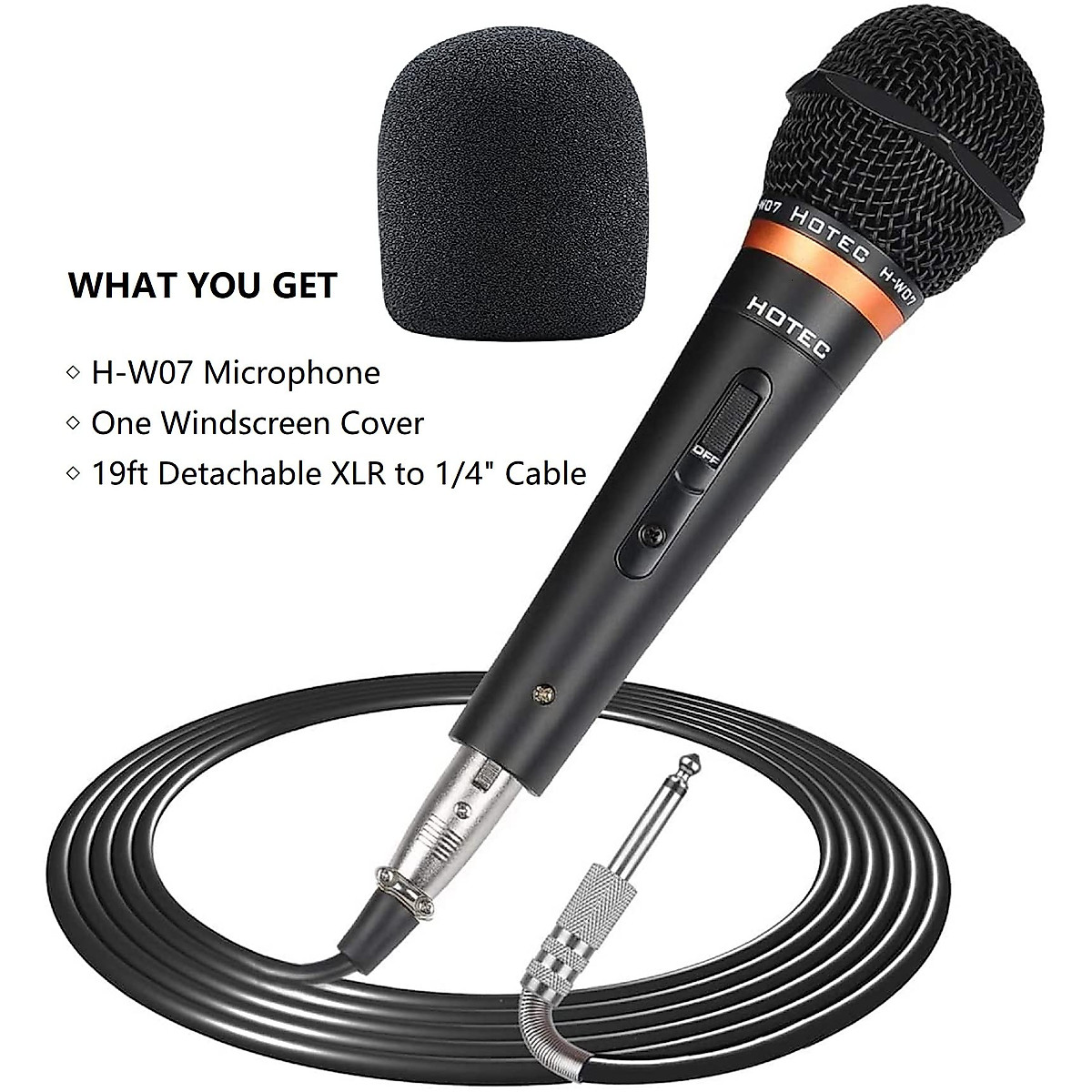 HOTEC Premium Vocal Dynamic Handheld Microphone with 19ft Detachable XLR Cable and ON/Off Switch (Metal Black) (H-W07)