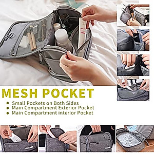 Travel Toiletry Bag for Women, Waterproof Portable Men's Organizer Bag with Hanging Hook, Shower Bathroom Storage Toiletry Kit for Makeup, Cosmetic, Accessories, Full Sized Bottles (Grey)