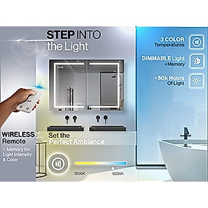KRISTALLUM Bathroom Mirror Cabinet - 48x32 Surface or Recessed LED Medicine Cabinet with Lights w/Wireless Switch + Anti Fog/Waterproof/Dimmable/ 3 Colors Warm/Natural/White CRI >90, ETL Certified
