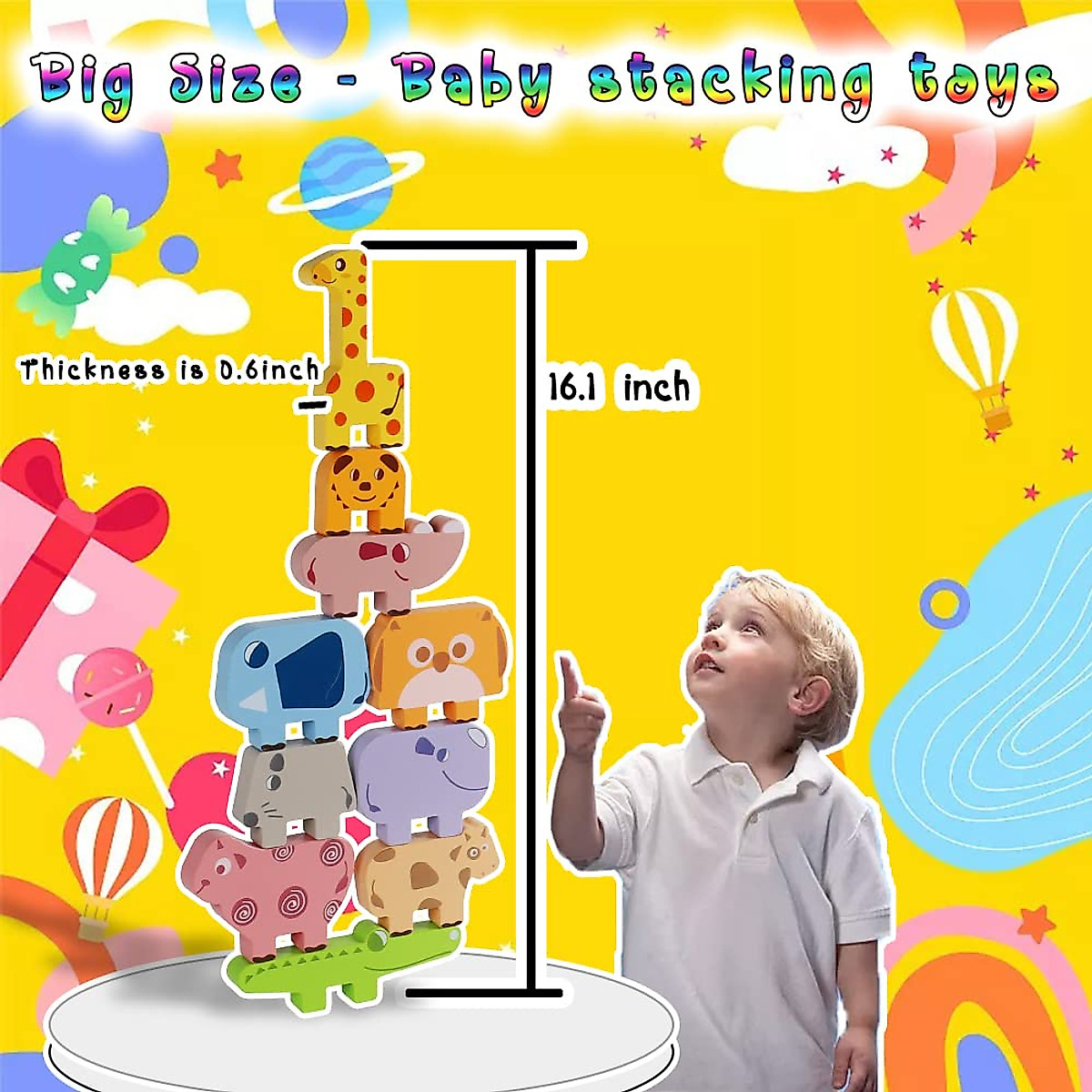 TKBABEUE Wooden Blocks Stacking Toys Age 18+ Months Old, 10 Montessori Animals Stacker Building Puzzle with 10 Pcs Level Cards 1 Bag STEM Preschool Learning Educational Games Activities Gifts Toddler