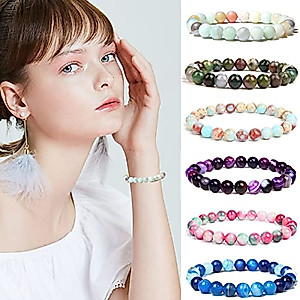 FINZOR 15 Pcs 8mm Healing Stone Beaded Bracelets for Women Men Semi-Precious Gemstones Bracelets Crystal Beaded Bracelet Unisex Adjustable Stretch Bracelets