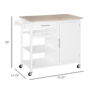 HOMCOM Rolling Kitchen Island with Storage, Kitchen Cart with Solid Wood Countertop, Drawer, Adjustable Shelf and Wine Rack, White