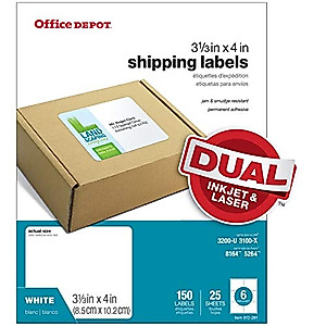 Office Depot White Inkjet/Laser Shipping Labels, 3 1/3in. x 4in., Pack Of 150, 505-O004-0009