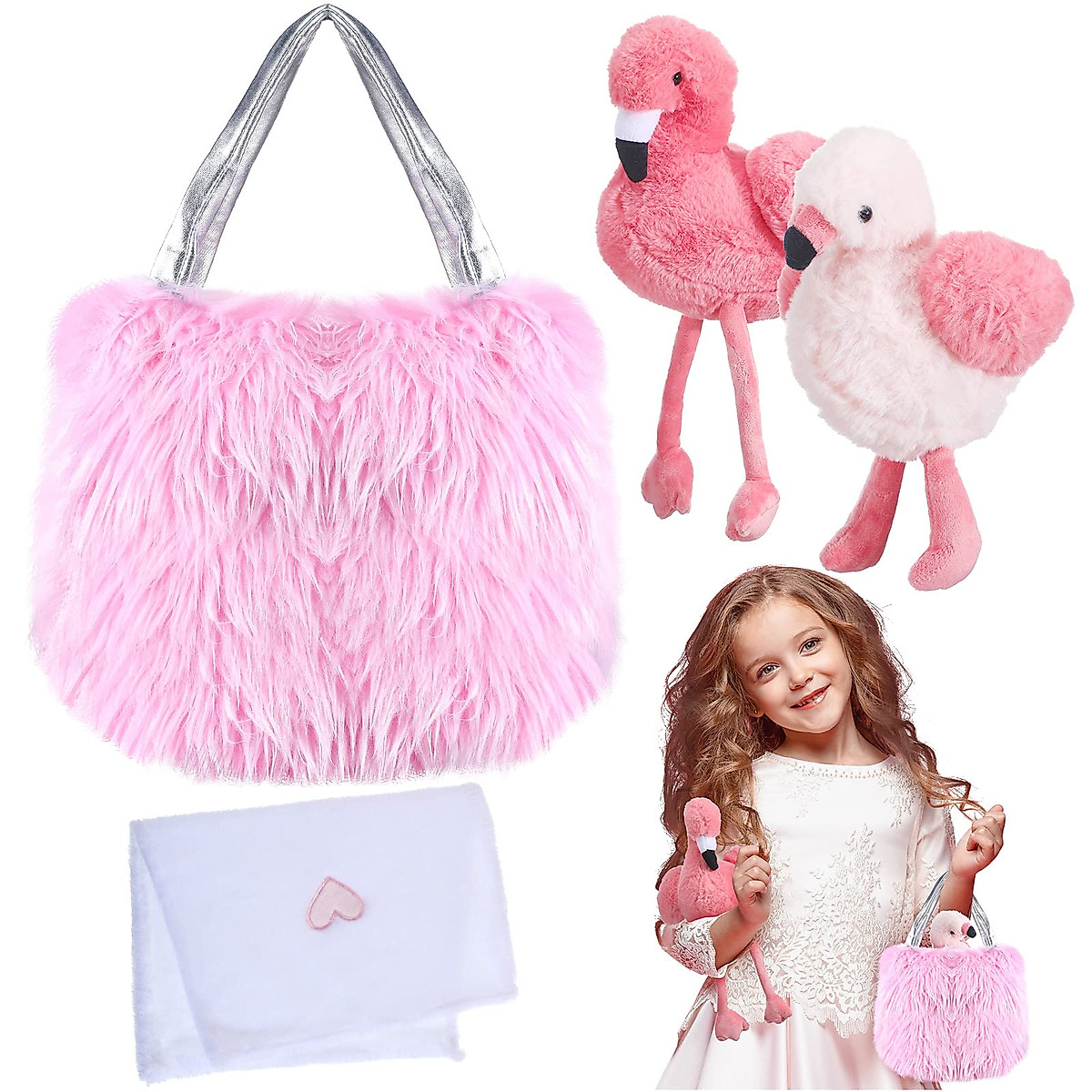 Kathfly 4 Pcs Pink Stuffed Flamingo Toy for Women Girls Gifts Mommy and Baby Flamingo Toy, Furry Bag and Doll Blanket, Cute Plush Flamingo Animal Set for Little Girl Birthday Party Favors