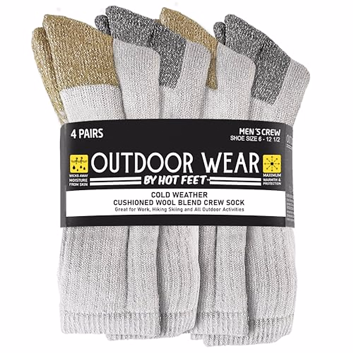 HOT FEET 4 Pack Work Socks for Men & Women - Breathable Boot Hiking Socks, Moisture Wicking Thick Wool Socks, Sizes 6-12.5, Man, Dark Gray & Oatmeal