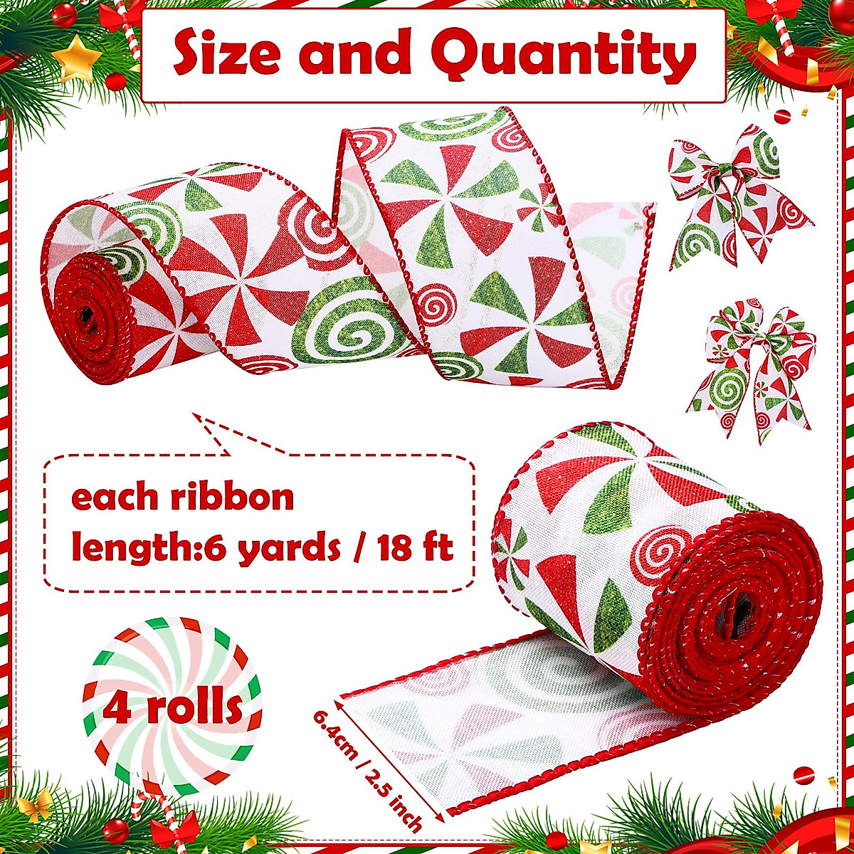 Christmas Candy Peppermint Wired Edge Ribbon 2.5 Inch Wide Christmas Candy Ribbon Burlap Ribbon for DIY Craft Wreath Christmas Tree Decoration Gift Wrapping Party (Candy Pattern,24 Yard)