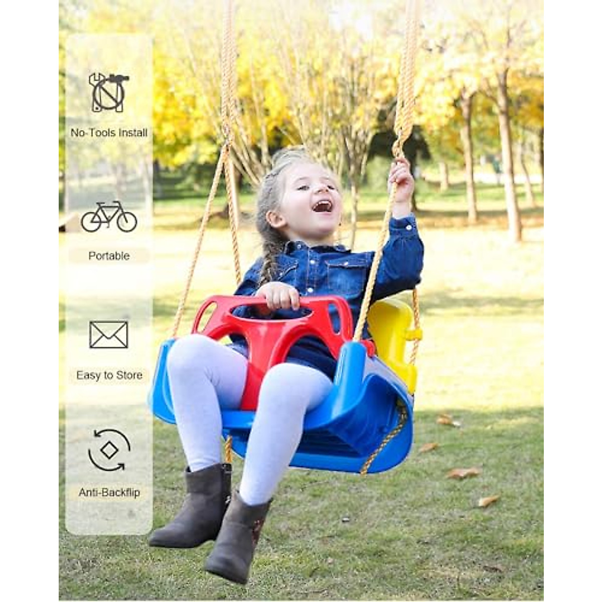 3 in 1 Kids Swing, Swing Seat for Baby/Toddler/Kids, with Adjustable Ropes, Snug & Secure Swing Seat Great for Tree/Swing Set, Indoor, Outdoor, Playground, Background (Green)