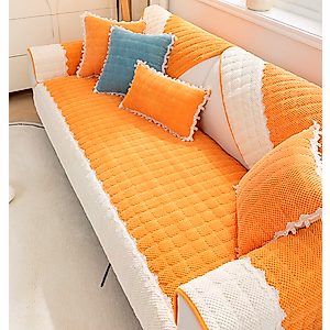 vctops Soft Corduroy Sofa Couch Cover, Plaid Sectional Couch Covers, Non-Slip Sofa Slipcover for Dogs Cats Kids(Orange,43"x43")