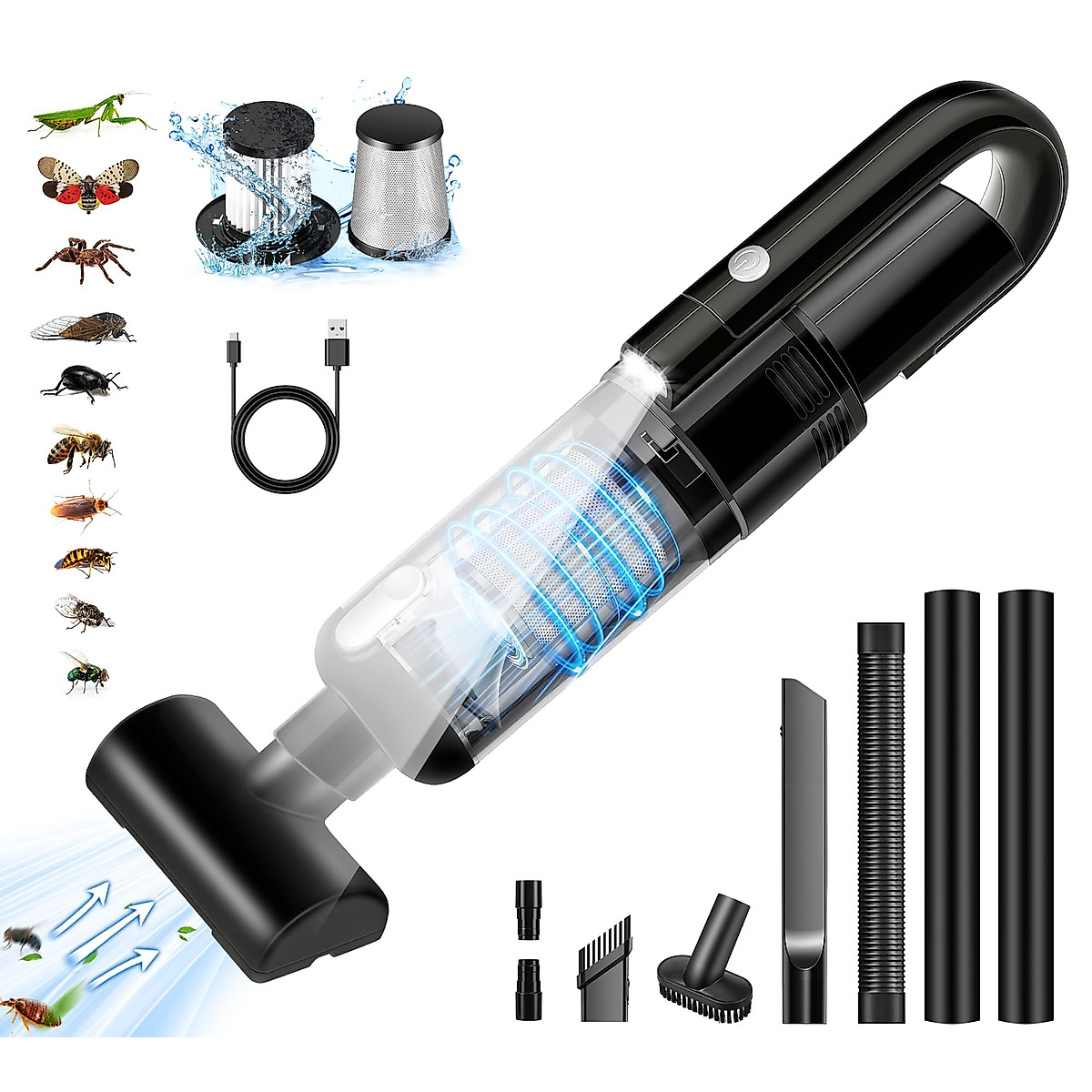 Upgraded Bug Vacuum Catcher and Handheld Car Vacuum Cleaner High Power 12000PA Handheld Vacuum Cordless, Portable Car Vacuum with LED Light,Hand Held Vacuum for Home Office Car Pet Insect(Black)