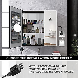 VESLINY Medicine Cabinets 30x32 LED Lighted Medicine Cabinet with Mirror for Bathroom Double Doors with Flip-Out Magnifying Mirror Door Storage Defogger Dimmable Lighting Black Surface Wall Mount