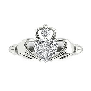 1.06 Ct Brilliant Heart Cut Clear Simulated Diamond 14K White Gold Solitaire Claddagh Engagement Promise Bridal Ring Size 4