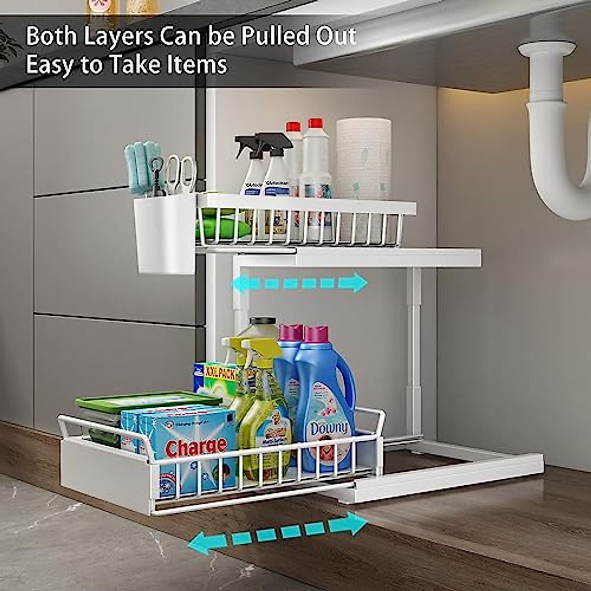 CICUFY Metal Under Sink Organizer,2-Tier Double Sliding Under Sink Storage for kitchen & Bathroom Cabinet-White