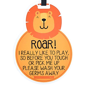 THREE LITTLE TOTS – Animal Theme No Touching Baby Car Seat Sign or Stroller Tag - CPSIA Safety Tested (Lion)