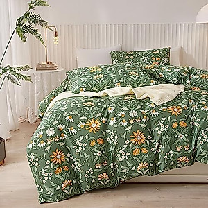 Mucalis Dark Green Duvet Cover Floral Queen 100% Cotton Botanical Yellow and White Flowers Pattern 3 Piece Bedding Set with Zipper Closure Corner Ties,Durable,Breathable,Easy Care