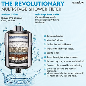 EVERGLOW High-Output Shower Filter, 100% Removes Chlorine, Moisturizes Dry Itchy Skin, Skin and Hair, Helps with Dandruff, Eczema and Vitamin C Infused and Water Softener, 4.7” - Chrome