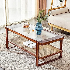 45.28" Walnut Wood Coffee Table with Craft Glass Top, Mid-Century Modern Rattan Coffee Table 2-Tier Glass Coffee Table with Storage for Living Room, Dining Room,Bedroom
