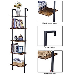 Tajsoon Industrial Bookcase, Ladder Shelf, 5-Tier Wood Wall Mounted Bookshelf with Stable Metal Frame, Open Display Rack, Storage Shelves for Bedroom,Home Office,Collection,Plant Flower, Rustic Brown