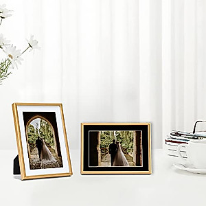 Fkvat 4x6 Picture Frame Set of 4, Matted Gold Simple Modern Thin Aluminum Metal Photo Frame Fits 3x5 with Mat or 4x6 without Mat Photo. Display for Tabletop or Wall Collage. (Horizontal & Vertical). with White and Black Mats.