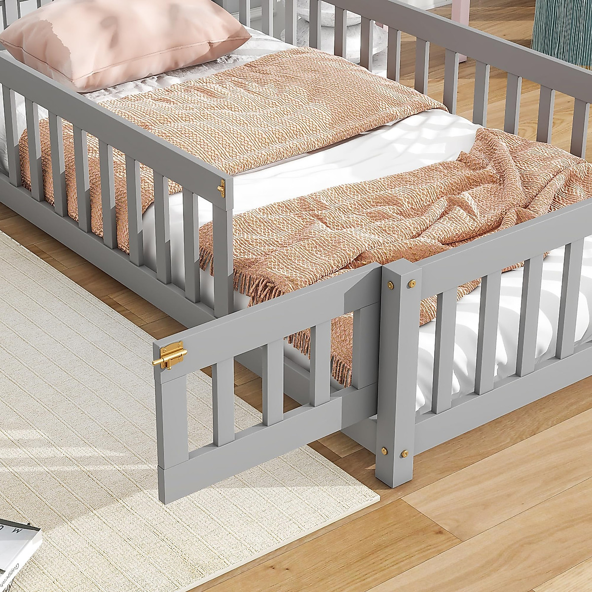 LostCat Twin Size Floor Bed Frame with Fence & Door, Montessori Floor Bed with House-Shaped Headboard, Montessori Bed for Kids Boys Girls, Easy Assembly, Grey