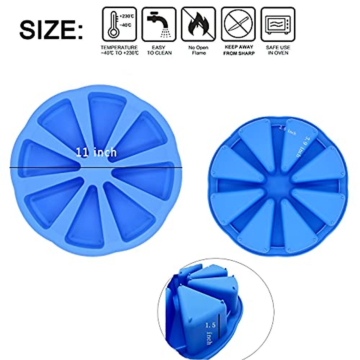 Meajore 2 Pcs Silicone Cake Scone Pan,Triangle 8 Cavity Pizza Cake Pan,Internal Diameter 4 inch Cake Pan for Brownies Muffins,Cheesecake,Cornbread Kitchen Baking Shapes (Blue)