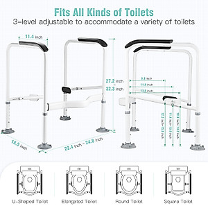 Hybodies Toilet Safety Rails for Elderly, Heavy Duty Toilet Safety Frame with Handles, Adjustable Height & Width, Toilet Assist Grab Bar with Anti-Slip Mat, Up to 350 Lbs, Fits for Any Toilets