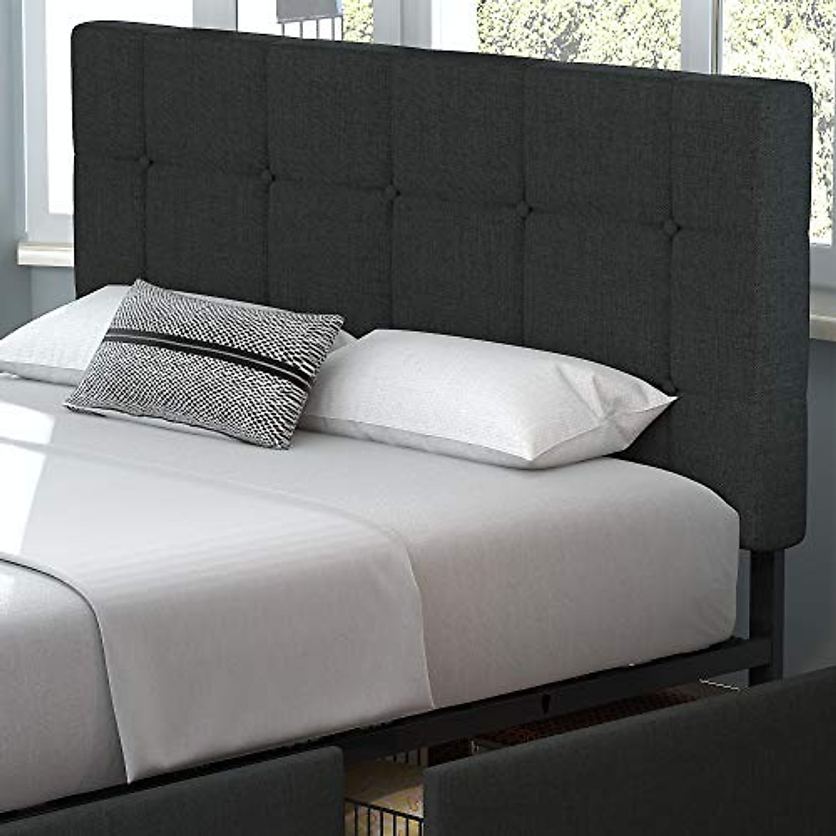 Allewie Upholstered Queen Size Platform Bed Frame with 4 Storage Drawers and Headboard, Square Stitched Button Tufted Mattress Foundation with Wooden Slats Support, No Box Spring Needed, Dark Grey