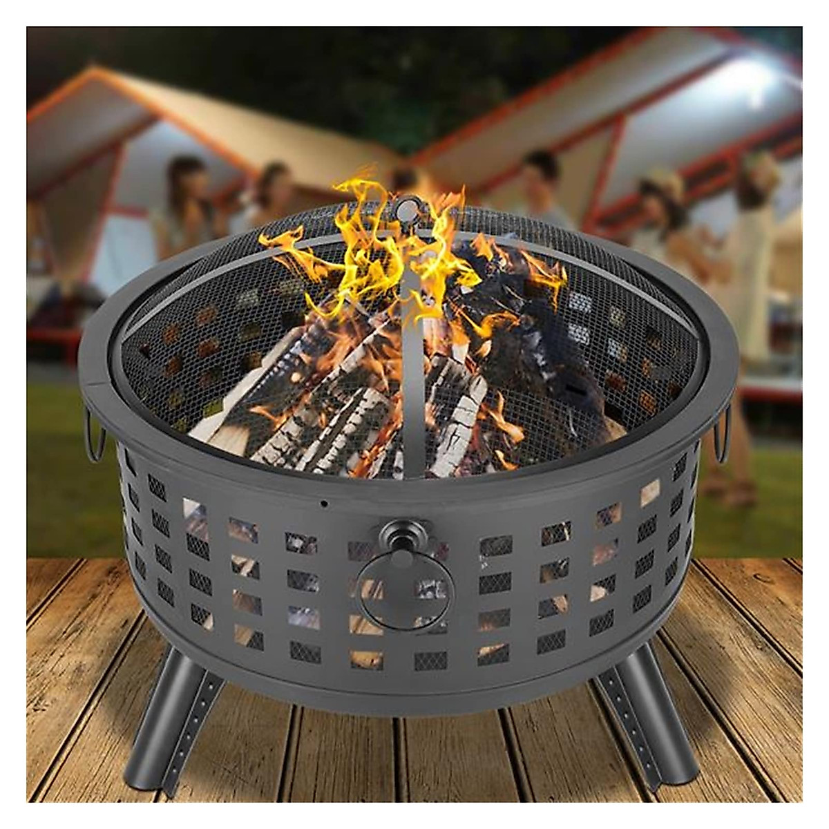 LIUXUEFE Round Outdoor Fire Pit, Brazier Poker Spark Screen Outside Flame Retardant Net Cover, Metal Grate Black