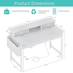 Lufeiya White Computer Desk with Fabric Drawers for Home Office, 40 inch Vanity Makeup Desk with Drawers Storage for Bedroom, Writing Study Table with Power Outlet & Monitor Stand, White