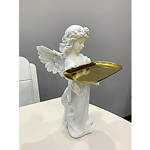 Z1SR Desktop Angel Figurines Holding Storage Tray, 12'' Tall Watch Key Snack Jewelry Holder Decorative Tray Resin Angel Statue with Tray in Hands Home Office Desktop Decoration, White