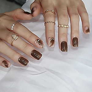 IMSOHOT Short Press on Nails Square Acrylic Fake Nails with Nail Glue Glossy Squoval False Nails Ombre Brown Nails for Women 24Pcs