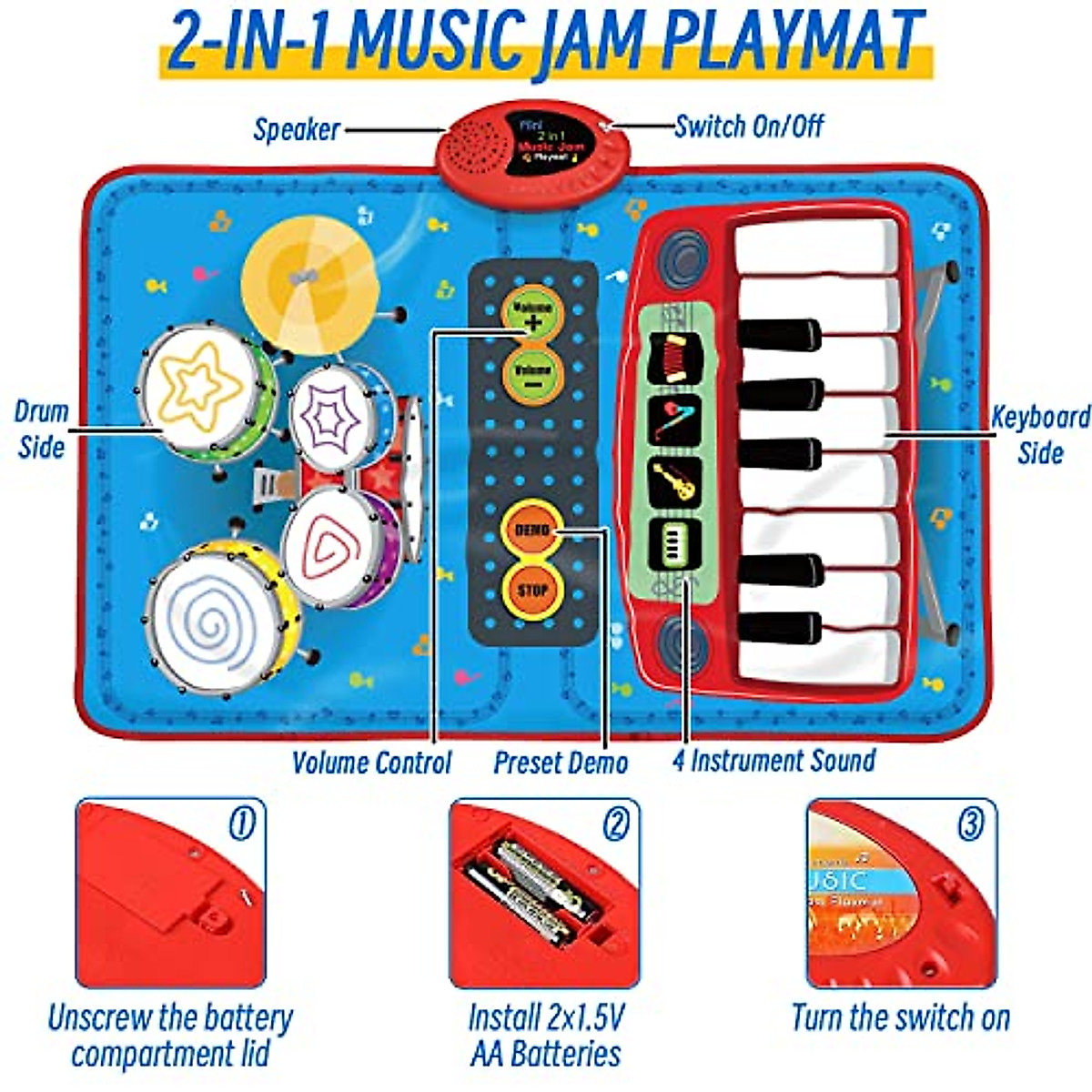 QShark 2 in 1 Music Learning Toys for Baby Toddler 1 2 3 Years Old Boys Girls | 13 Keys Piano Keyboard & 5 Drum Kits | Built-in Demo, 4 Instrument Sounds, Volume Control, Birthday Gift for 1+ Boy Girl