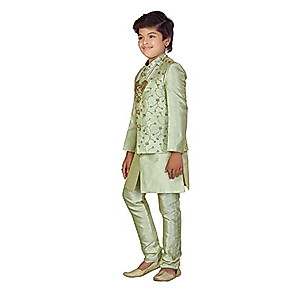 AHHAAAA Kids Ethnic Banarasi Silk Waistcoat Kurta Pajama Set for Boys Green