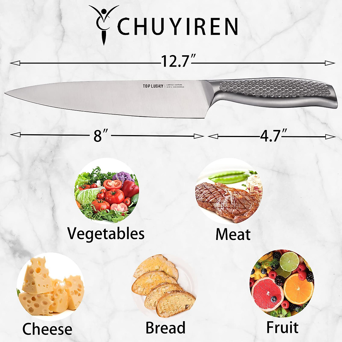 CHUYIREN Chef Knife,8" Stainless Steel Japanese Chef Knife, Full-Tang Knife with Ergonomic Handle, Professional Sharp Cooking Knife Cutting Knife Meat Knife for Kitchen or Restaurant