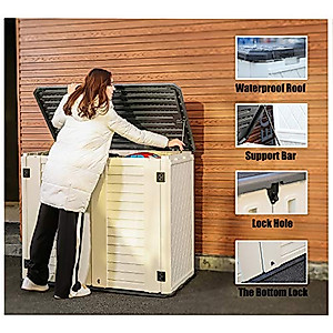 ADDOK Horizontal Storage Shed Weather Resistance, Large Outdoor Storage Cabinet Lockable, Thick HDEP Plastic Storage Unit for Backyards, Patio, Garden（27 Cu. ft/Ivory White