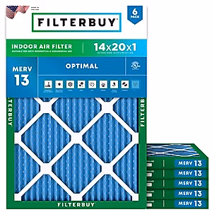 Filterbuy 14x20x1 Air Filter MERV 13 Optimal Defense (6-Pack), Pleated HVAC AC Furnace Air Filters Replacement (Actual Size: 13.50 x 19.50 x 0.75 Inches)