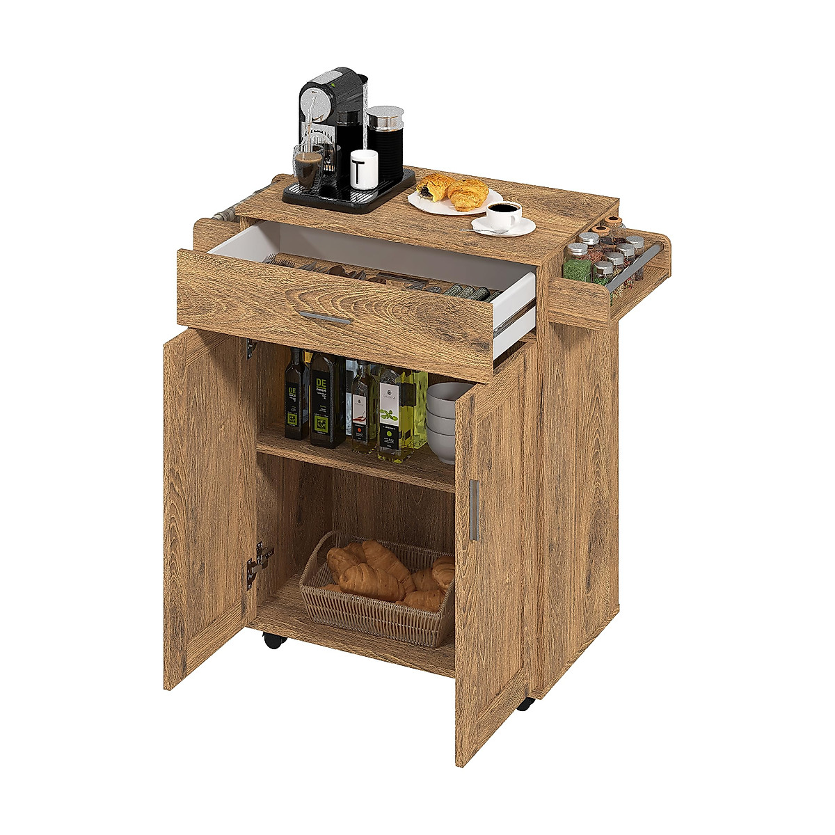 Panana Rolling Kitchen Island, Kitchen Trolley Cart with Spice Rack, Large Drawer, Towel Rack, Storage Pantry Cabinet, Kitchen Cart on Roller Wheels, Dining Room Furniture, Walnut