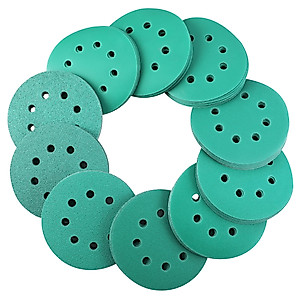 WORKPRO 150-piece Premium Sanding Discs Set, 5" 8-Hole Polyester Film Hook and Loop Sandpaper, 10 Grades Include 60, 80, 100, 120, 150,180, 240, 320, 400, 600 Grits for Random Orbital Sander, Green