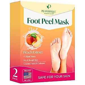 Foot Peel Mask with Peach by Plantifique - 2 Pack Peeling Foot Mask Dermatologically Tested - Repairs Heels & Removes Dry Dead Skin for Baby Soft Feet - Exfoliating Foot Peel Mask for Dry Cracked Feet