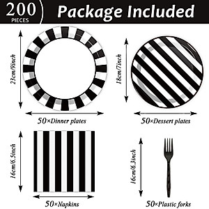 Black and White Party Tableware Set Striped Disposable Dinnerware Black and White Theme Party Decorations Happy Birthday Paper Plates Napkins Forks for Graduation Wedding Party Supplies 50 Guests