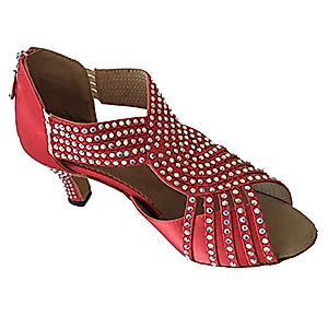 Womens Latin Salsa Dance Shoe 2.5 Inches Cuban Heel Open Toe Ballroom Sexy Evening Socials Indoor Soft Sole Party Dancing Sandals with Rhinestones (Red, Numeric_10)