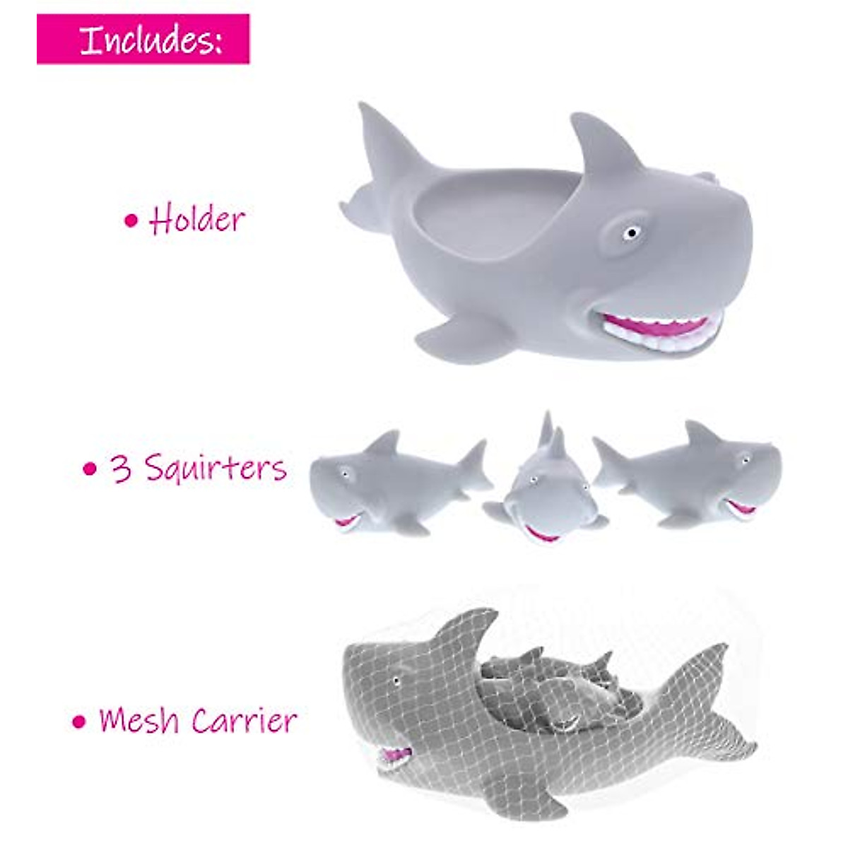 Dollibu Family Animal Bath Squirters 4 Piece Bath Toy Set, Toddler Bath Toys for Bathtime & Water Fun, Girls & Boys Floating Rubber Squirt Toys, Floaty Pool Toys for Toddlers & Kids (Gray)