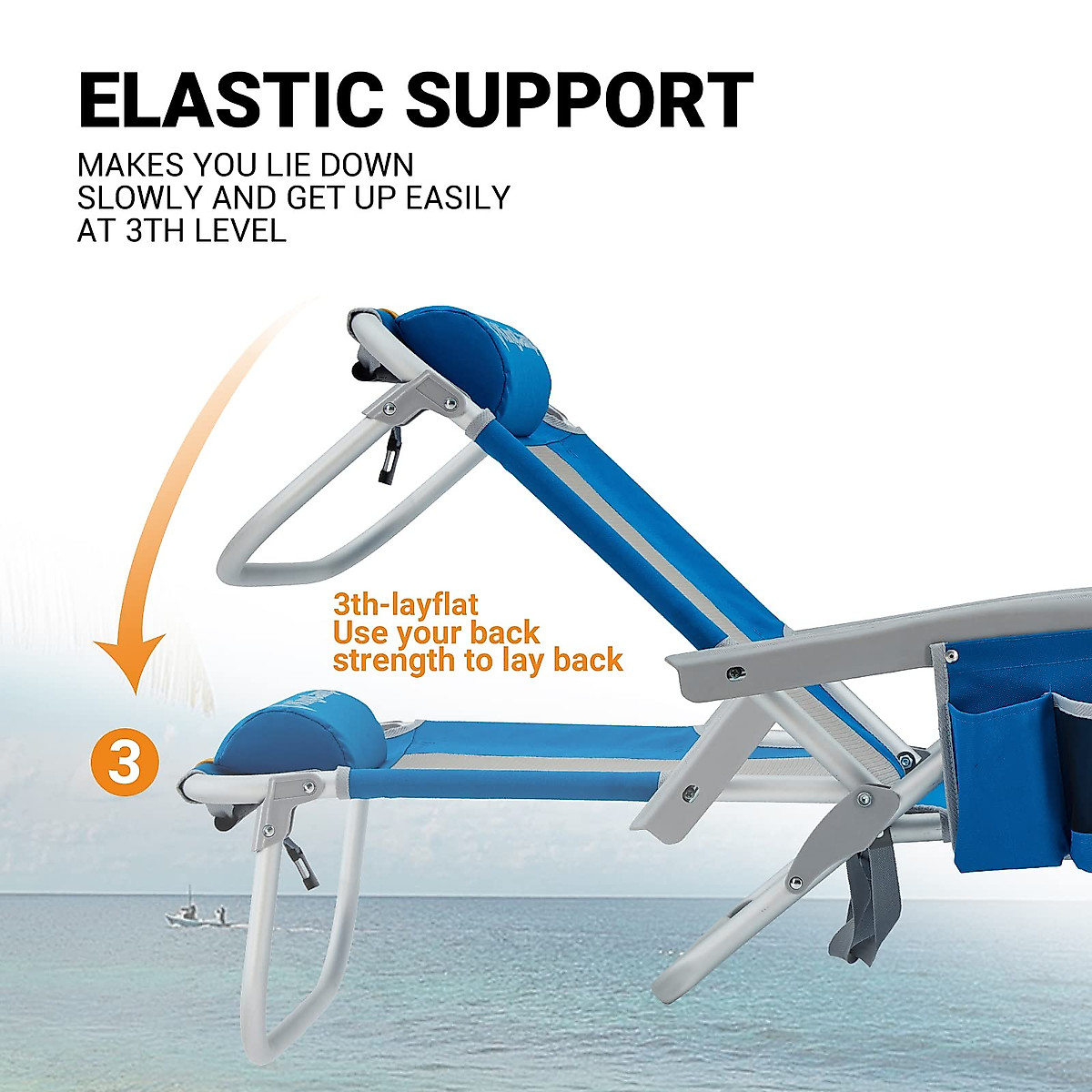 KingCamp Elastic 3 Aluminium Backpacking, Reclining Low Profile Sitting Beach Chair with headrest,Straps,Cup Holder for Outdoor Picnic Concert Travel Festival, One Size, Adjustable Back-1 Pack