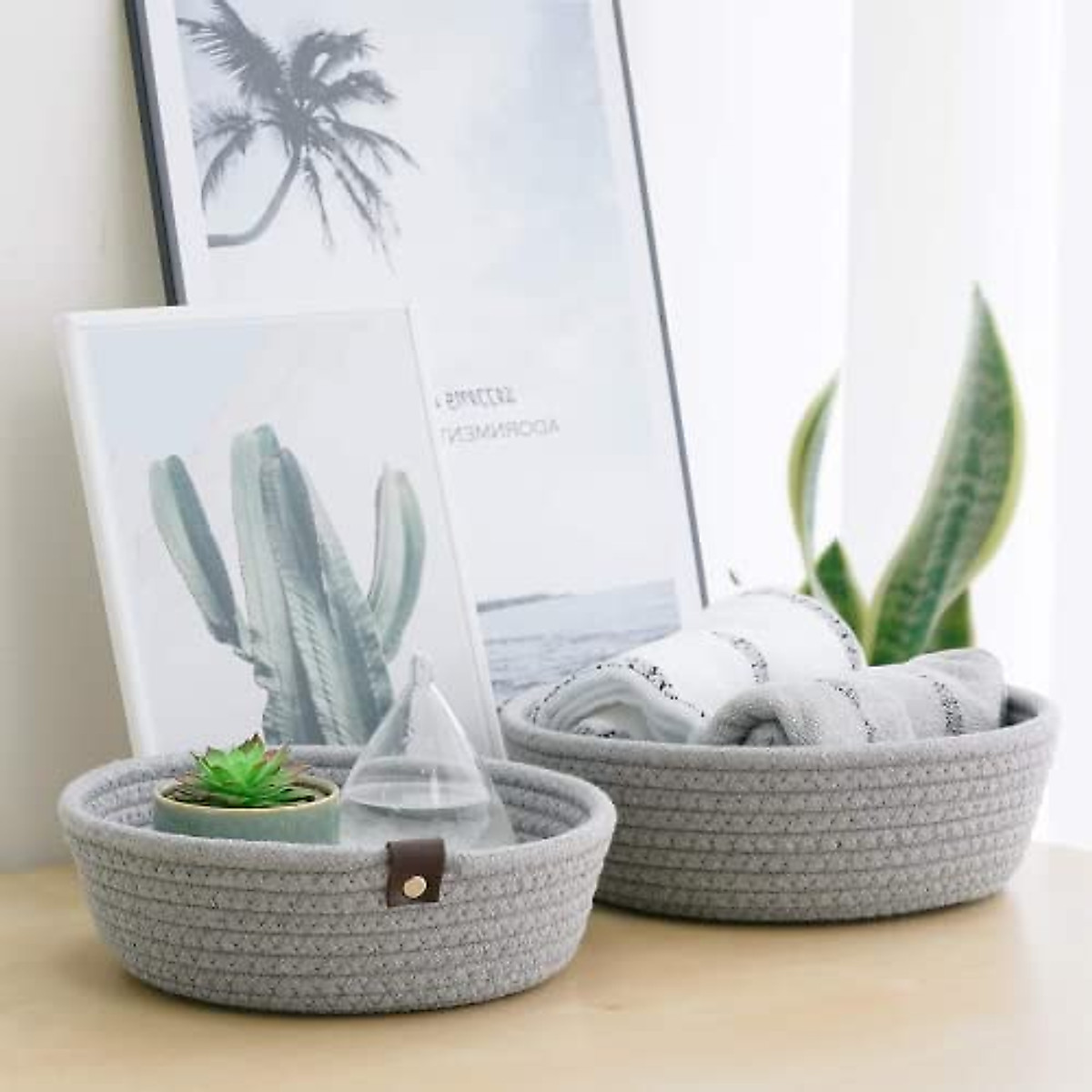 Goodpick 3pack Small Basket - Woven Storage Basket for Living Room Bathroom Storage Basket for towels Cute Round Basket for Baby Toy Storage Home Storage Baskets for Shelves Gift Baskets, Gray
