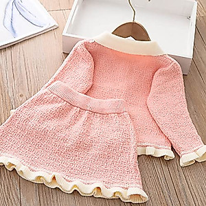 Toddler Baby Girls Fall Winter Outfit Long Sleeve Knitted Buttons Sweater Tops Mini Skirt Birthday Princess Cardigans Bowknot Ruffle Knit Autumn Spring Winter Clothes Set Pink-Bowknot 12-18 Months