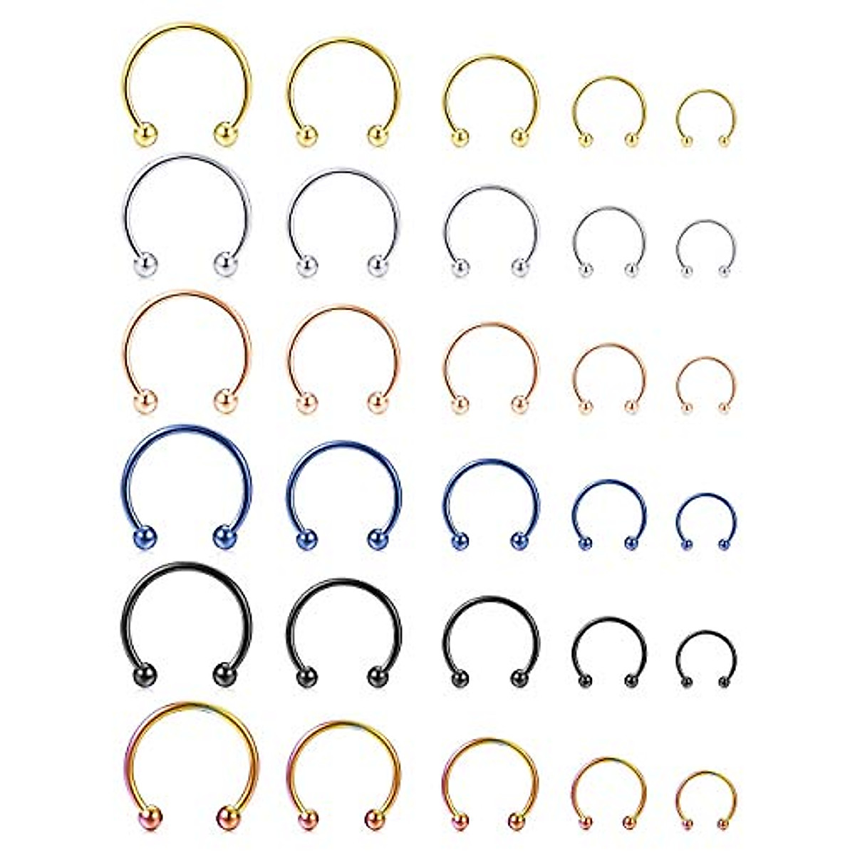 ORAZIO 30PCS 16G Nose Septum Horseshoe Rings Stainless Steel Circular Barbell Cartilage Tragus Helix Eyebrow Lip Labret Nipple Ear Piercing Body Jewelry 6mm 8mm 10mm 12mm 14mm
