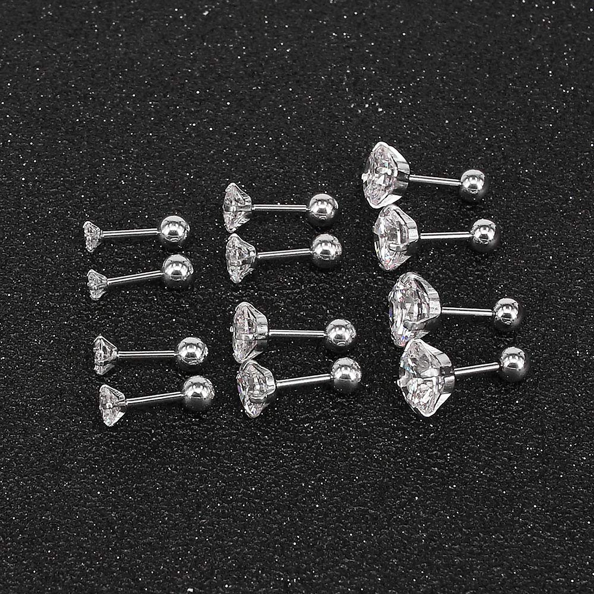 6 Pairs Shiny Round Cubic Zirconia Surgical Steel Stud Earrings Tragus Helix Conch Piercing Cartilage Sets