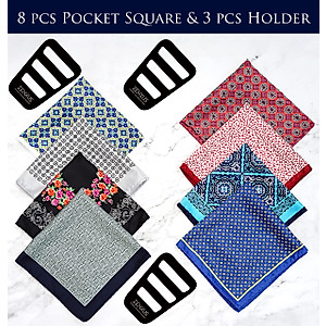 ZENXUS Printed Pocket Squares 8-Pack, plus 3 Folds Holder, Penetrating Printed Men's Handkerchiefs, Sewn by Hand
