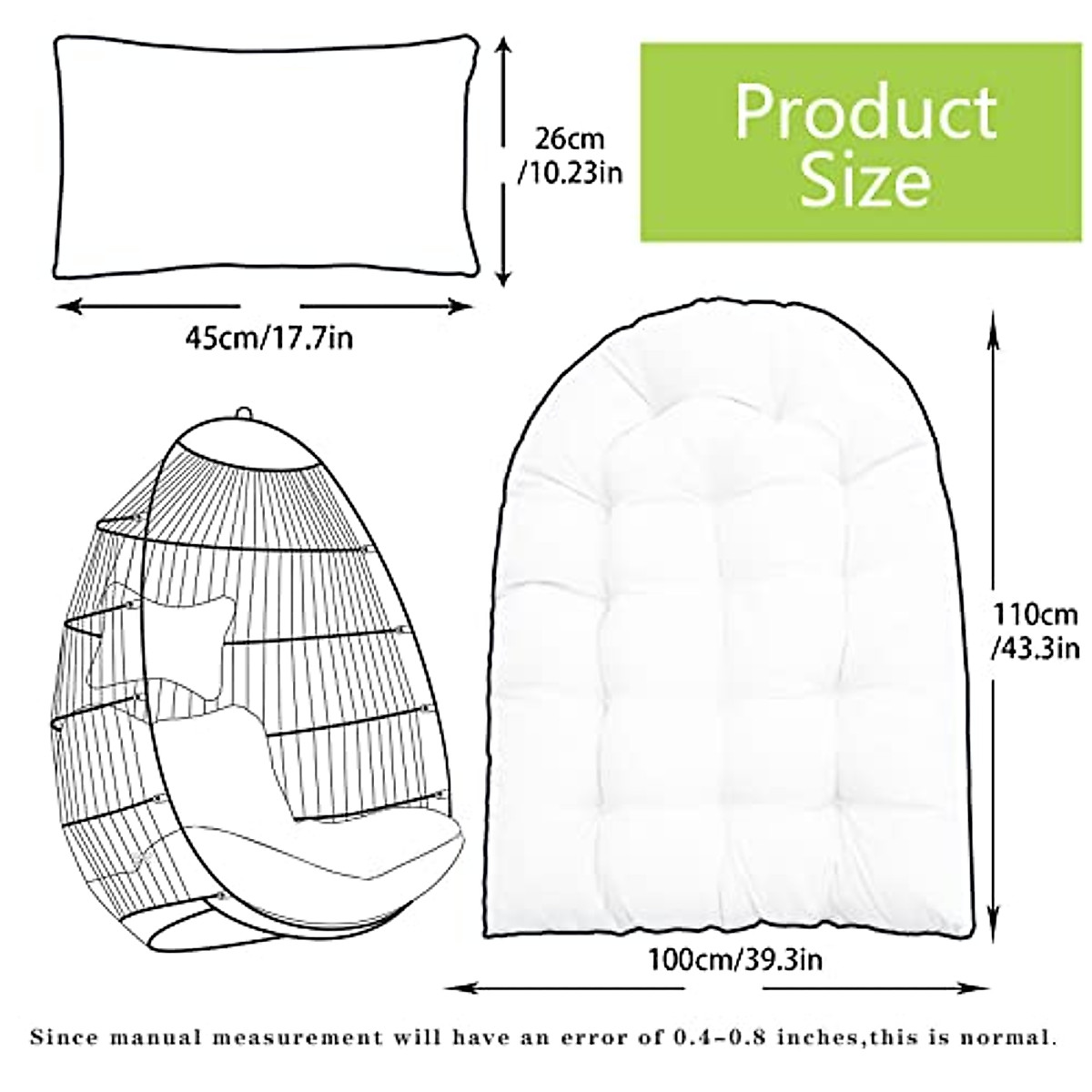 Hanging Basket Seat Cushion, Thicken Hanging Egg Chair Cushion, Washable Hanging Basket Chair Cushion, Basket Egg Chair Cushion with Headrest (Grey)