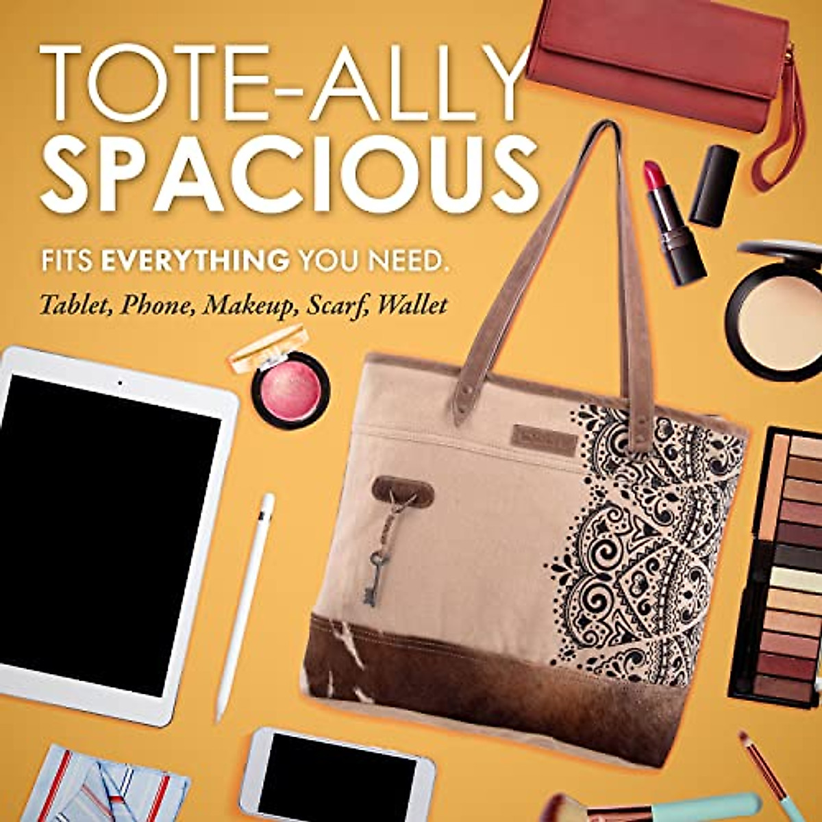 SIXTEASE Tote Bags for Women Large Tote Bag with Zipper Top - Genuine Leather Strap, Upcycled Canvas, Rug, Hair On and Hardware Accents - Vintage Style Hand Stitched - Emblem